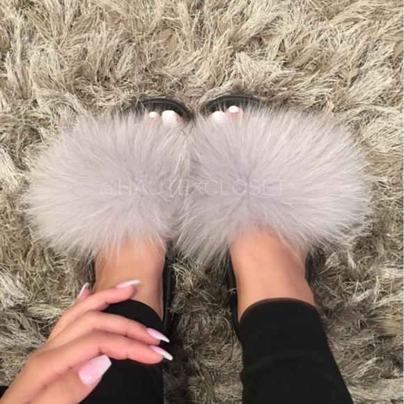 Shoes | Last Luxury Fox Fur Oversized Pom Slides | Poshmark
